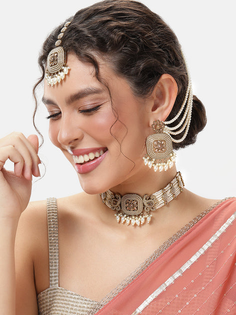 Royal look Handmade Gold PlatedCZ Jadu kundan Pearl choker Bridal ...