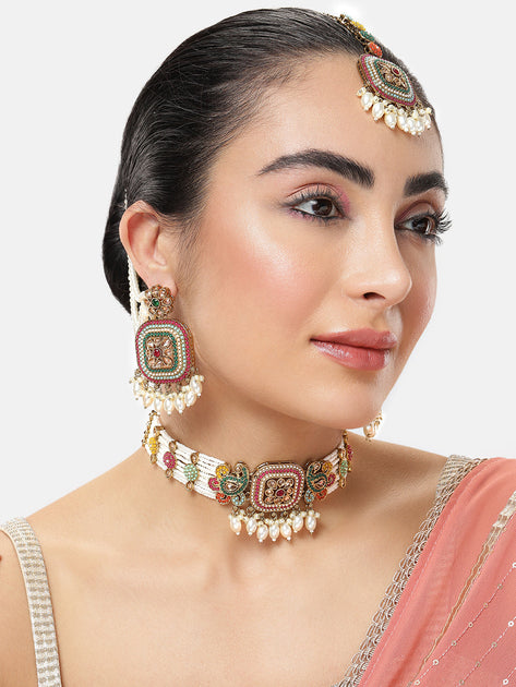 Royal look Handmade Gold PlatedCZ Jadu kundan Pearl choker Bridal ...