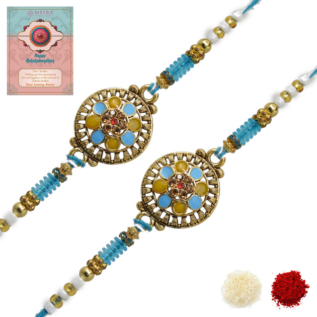 Antique Blue n yellow Gold Plated CZ Rakhis1 Rakhi Made from Cotton ...