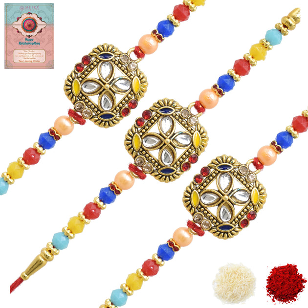 Antique DesignerJadau Kundan Studded Square shapped Multicolored Rakhis ...