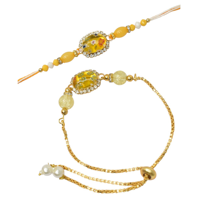 Meira Jewellery Resin Stone Floral Sky Yellow Bhaiya-Bhabhi Rakhi Set