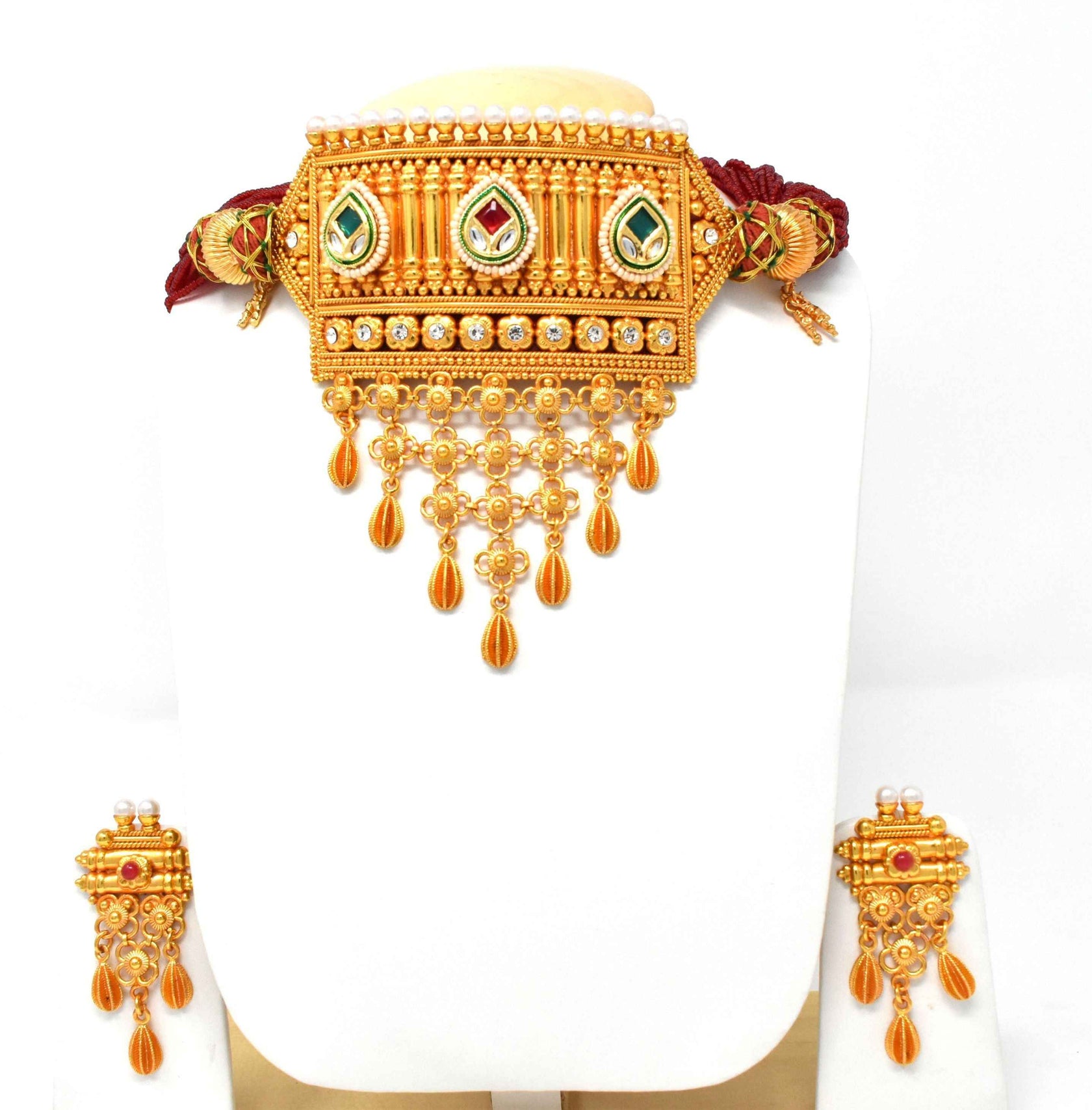 Traditional Folk Gold Plated Rajputi Timaniya Beaded with White Stones ...