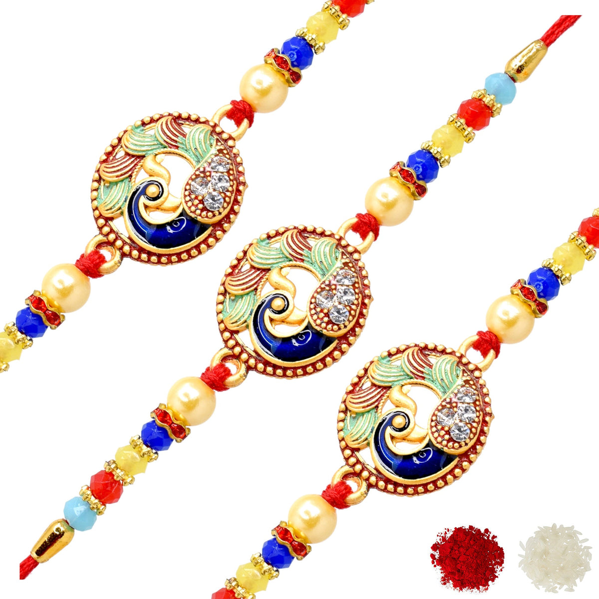 Peacock Design Hand Painted Bracelate Rakhi Set of 3 with Roli chawal ...