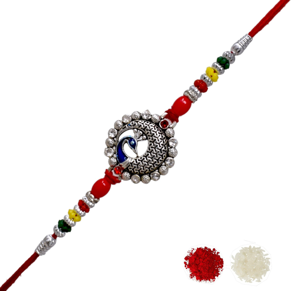 Peacock Design German silver Rakhi set with Roli Chawal and Greeting C ...