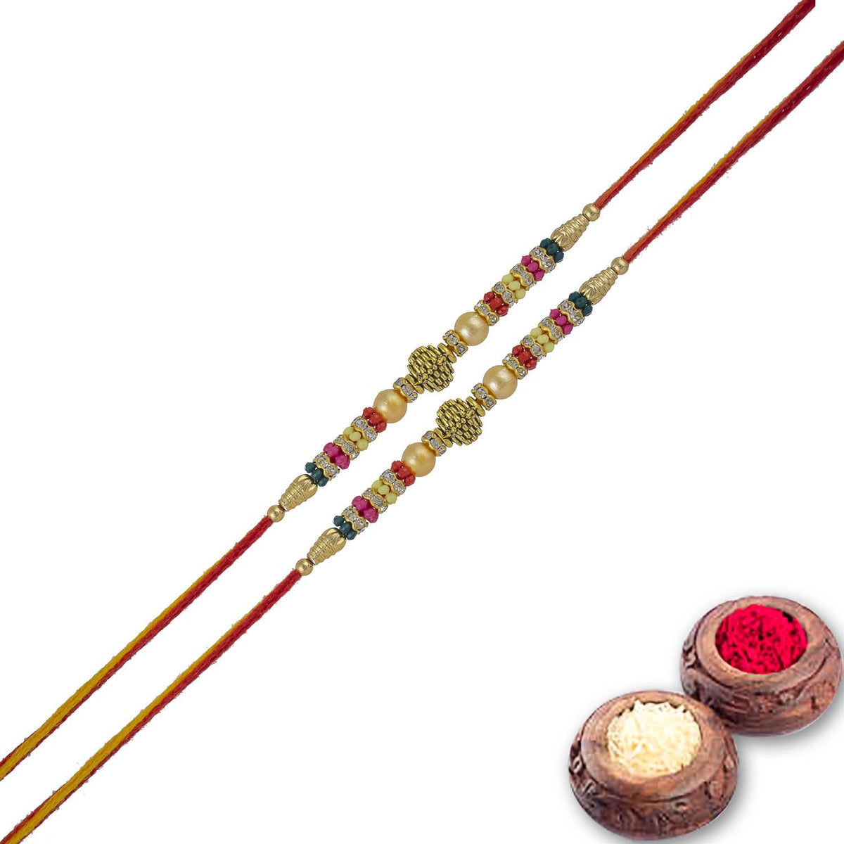 Fancy Dora Rakhi Set of 2 with Roli Chawal and Raksha Bandhan Greeting ...